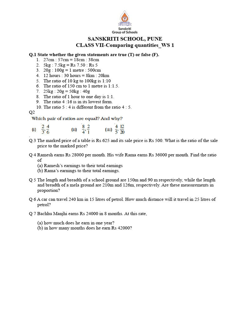 Class VII Comparing Quantities WS 1 | PDF