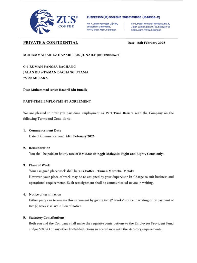 Zus Coffee Part-Time Employment Contract | PDF | Employment | Sick Leave