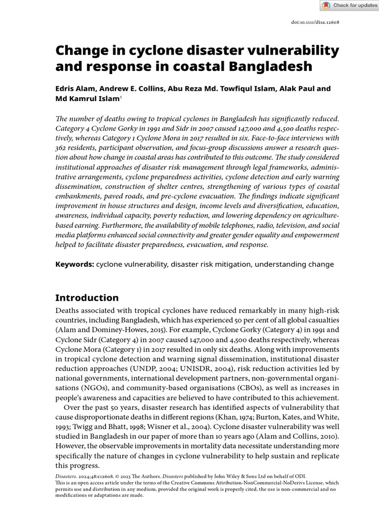 Disasters - 2023 - Alam - Change in Cyclone Disaster Vulnerability and ...