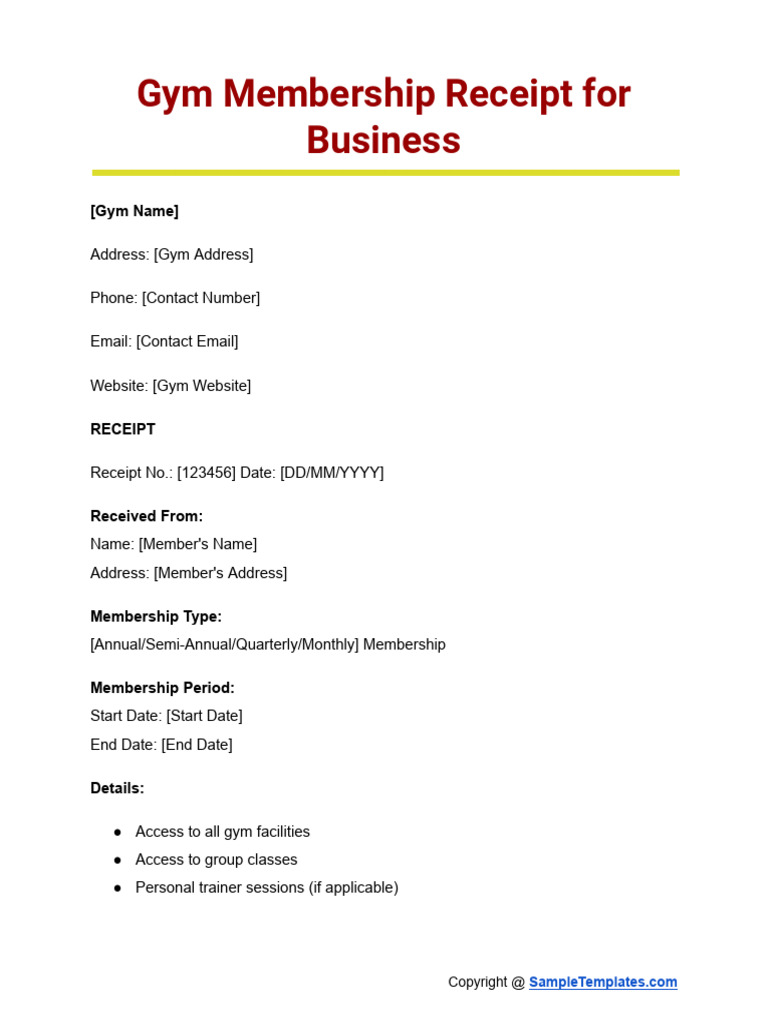 Gym Membership Receipt Template | PDF
