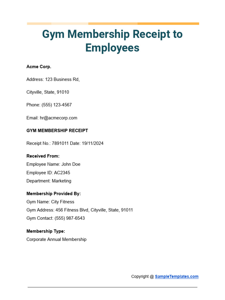 Gym Membership Receipt To Employees | PDF
