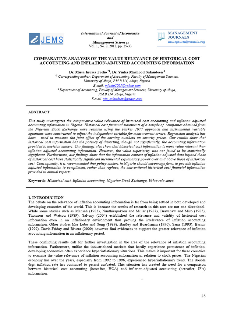 Comparative Analysis of The Value Relevance of Historical Cost2012 ...