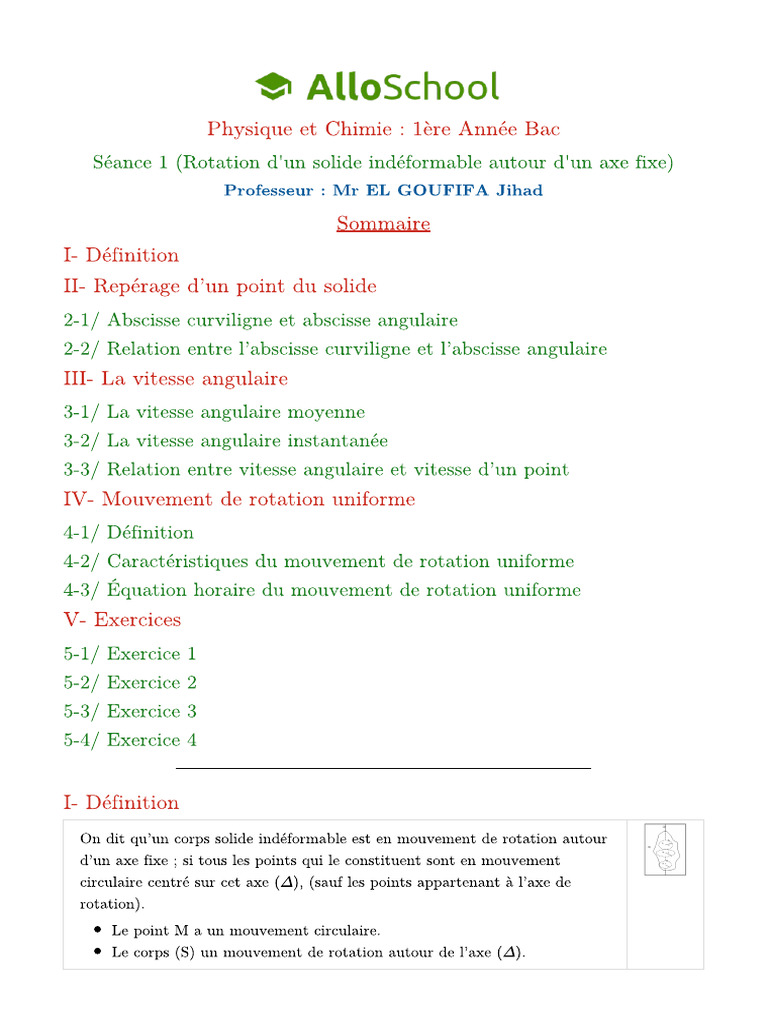 Seance 1 Rotation D Un Solide Indeformable Autour D Un Axe Fixe | PDF