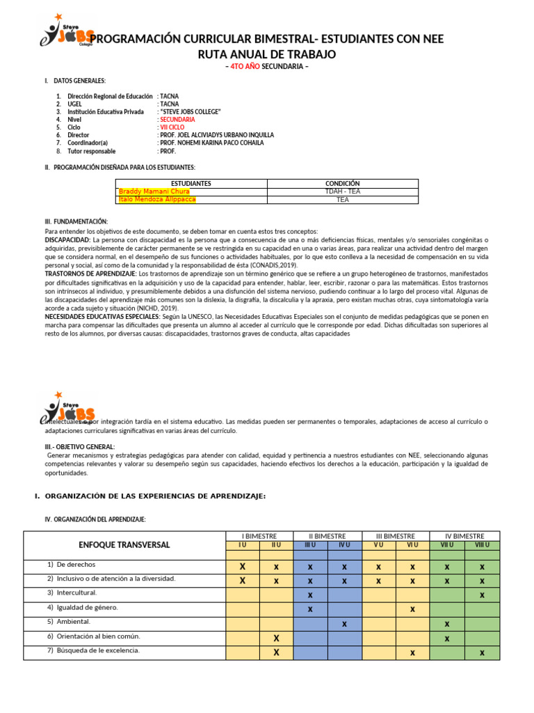 Programación Curricular NEE 4to Secundaria | PDF