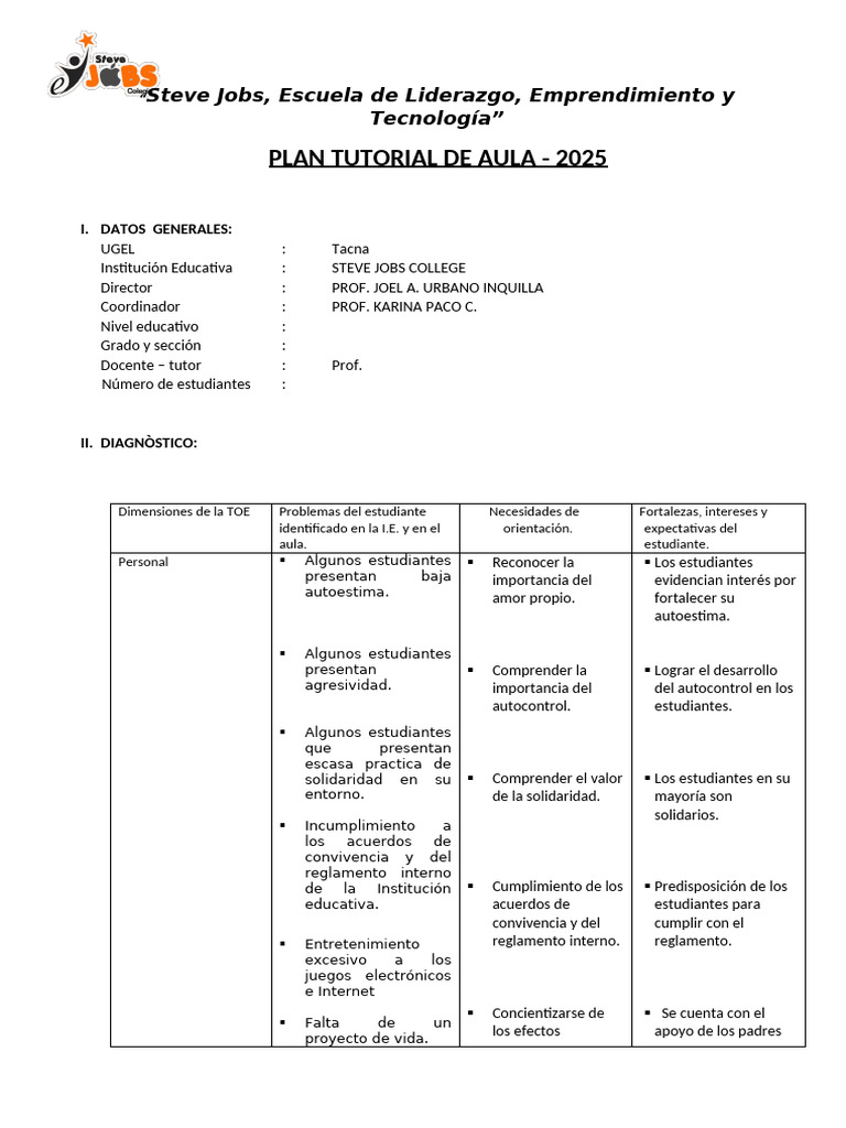 Plan Tutorial de Aula Steve Jobs 2025 | PDF | Familia | Autoestima