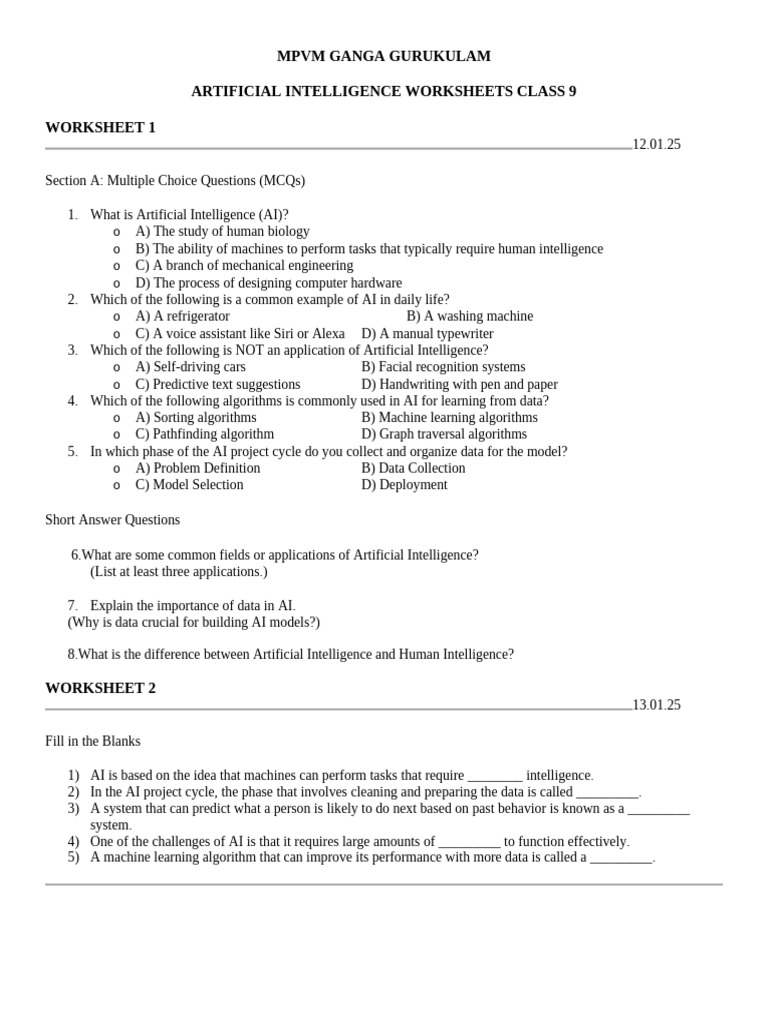 AI Worksheets for Class 9 Students | PDF | Artificial Intelligence ...