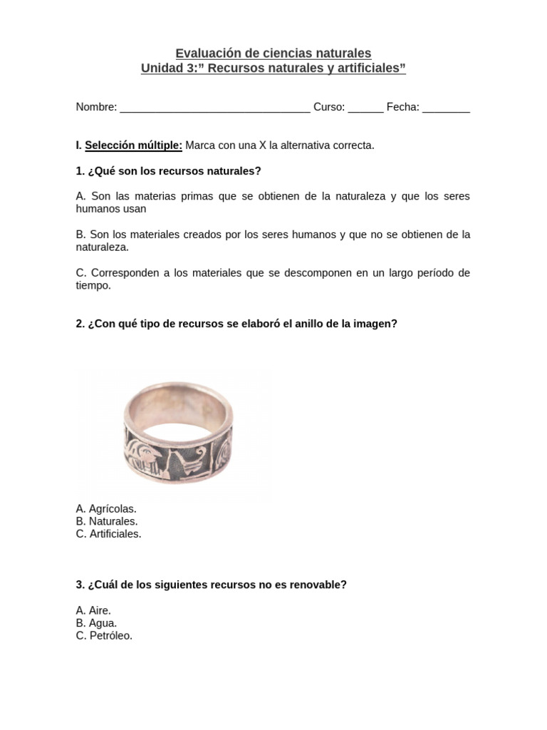 Evaluación de Recursos Naturales 3° Básico | PDF | Residuos | Reciclaje