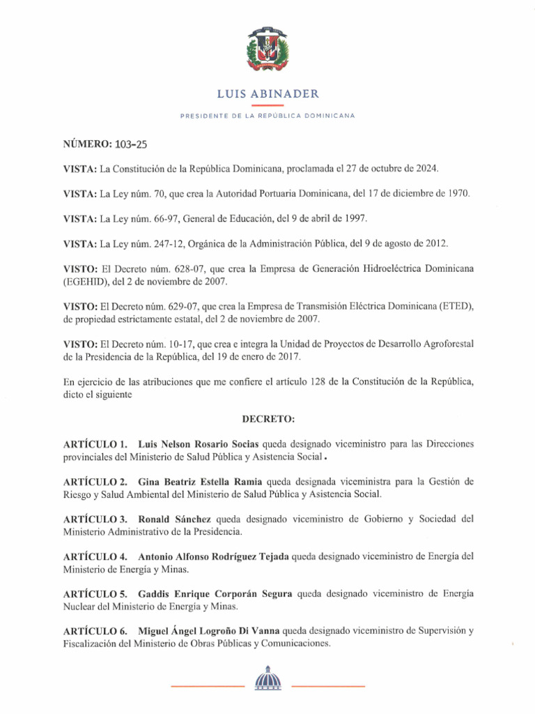 Decreto 103-25 del Presidente Luis Abinader cambia varios viceministros ...