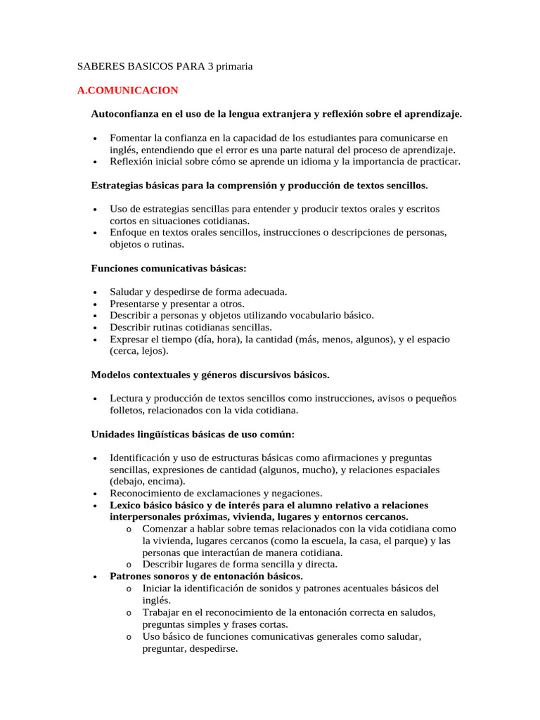 SABERES BASICOS PARA 3 primaria-RELACION CON CADA C.E | PDF | Léxico | Comunicación