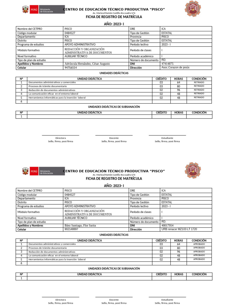 Ficha de MATR. CETPRO-2023 -ADM | PDF | Aprendizaje | Argentina