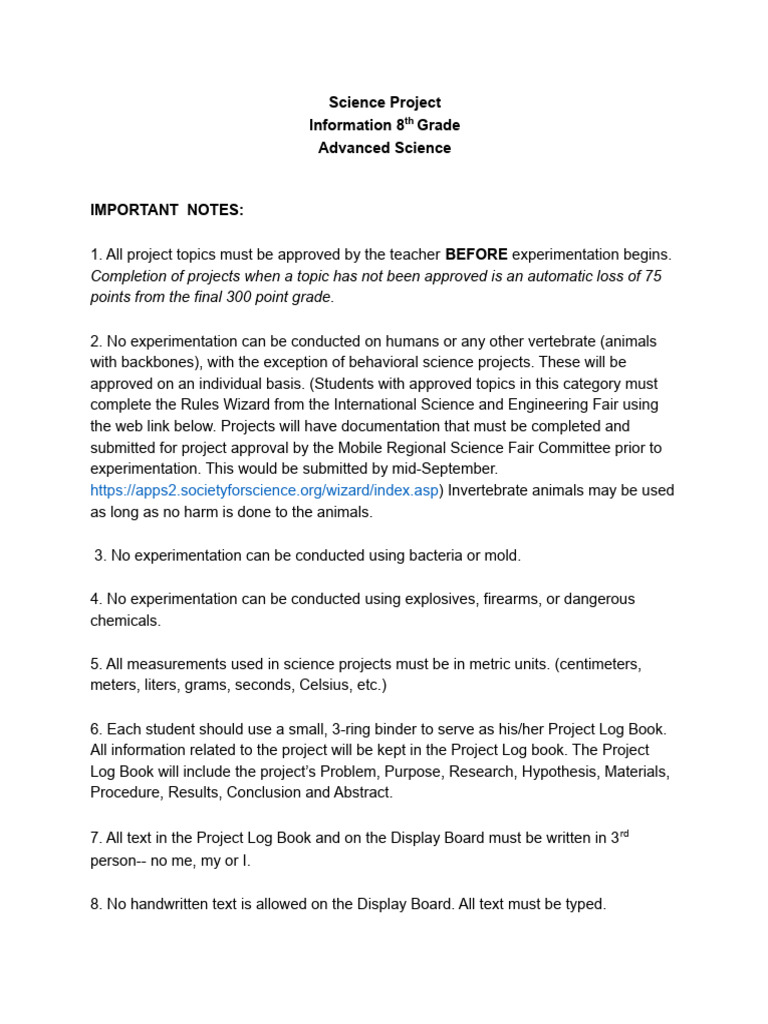 8th Grade Science Project Guidelines | PDF | Experiment | Photograph