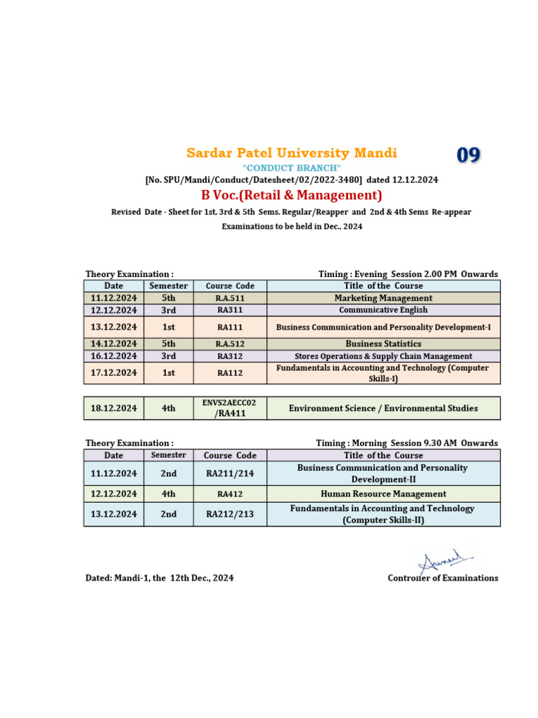 Revised Date Sheet of B.Voc. (RM) For End Semester Examinations Dec., 2024 | PDF