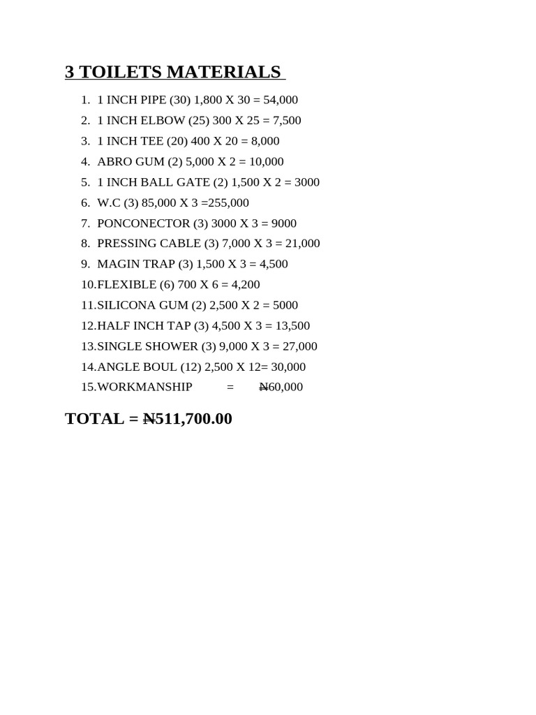 Toilet Construction Materials List | PDF