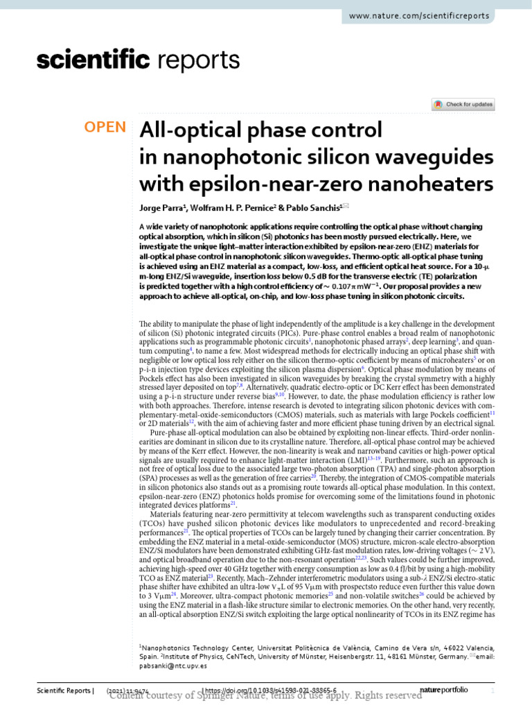 All-Optical Phase Control in ENZ Silicon | PDF | Polarization (Waves ...