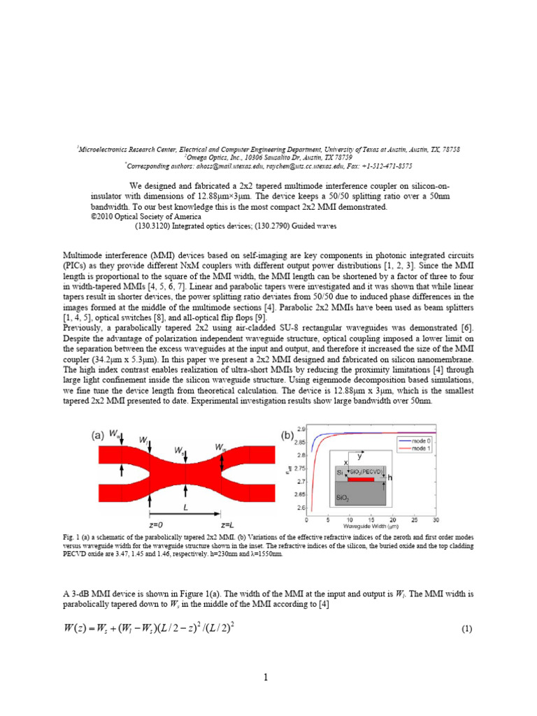 Compact 2x2 MMI Coupler on Silicon | PDF | Laser | Optical Fiber