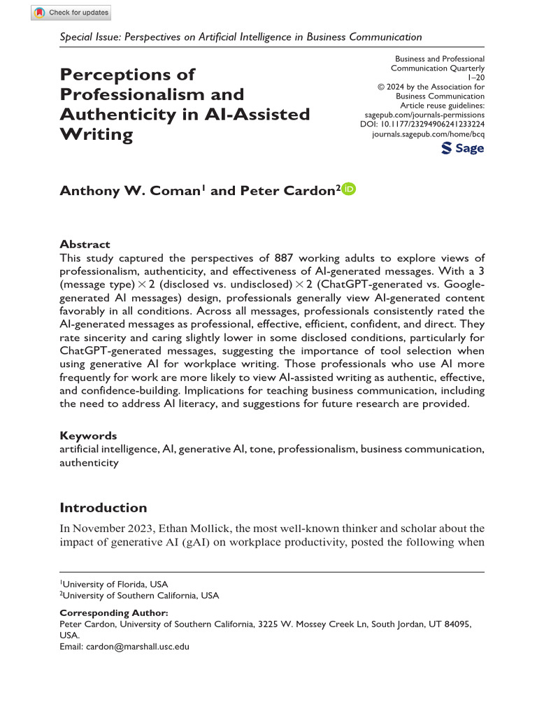 Coman Cardon 2024 Perceptions of Professionalism and Authenticity in Ai Assisted Writing | PDF ...