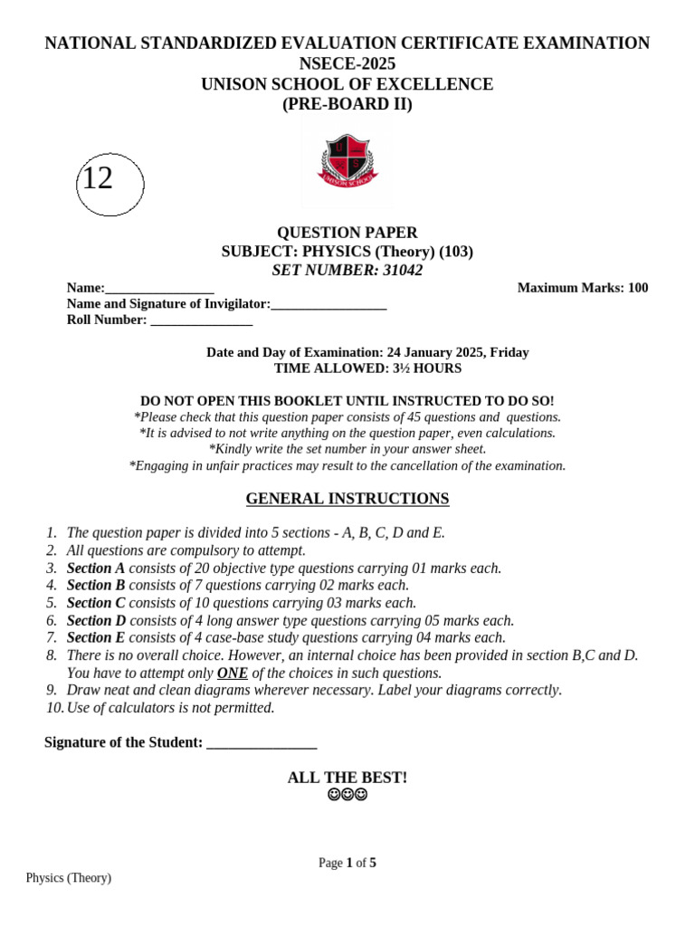 NSECE 2025 Physics Exam Question Paper | PDF | Inductor | Magnetic Field