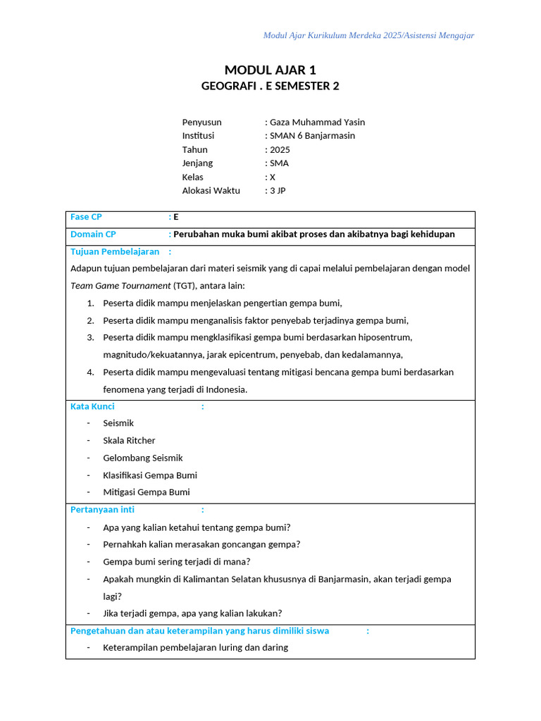 Modul Ajar Seismik | PDF
