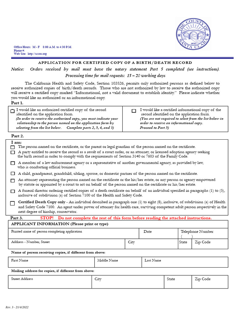 Clerk Recorder Birth Death Order Form Current2022 - 0 | PDF | Notary ...