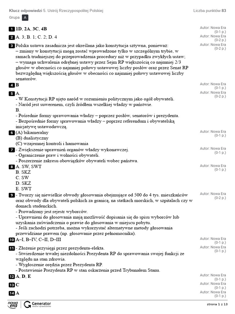 Ustrój Rzeczypospolitej Polskiej Klucz Odpowiedzi | PDF