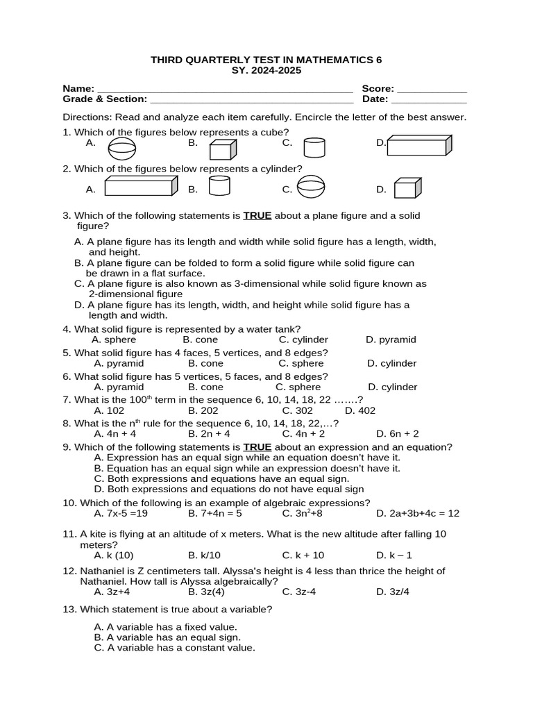 THIRD-QUARTER-EXAM-IN-MATH-6-SY-2024-2025 - Edited | PDF | Equations | Area