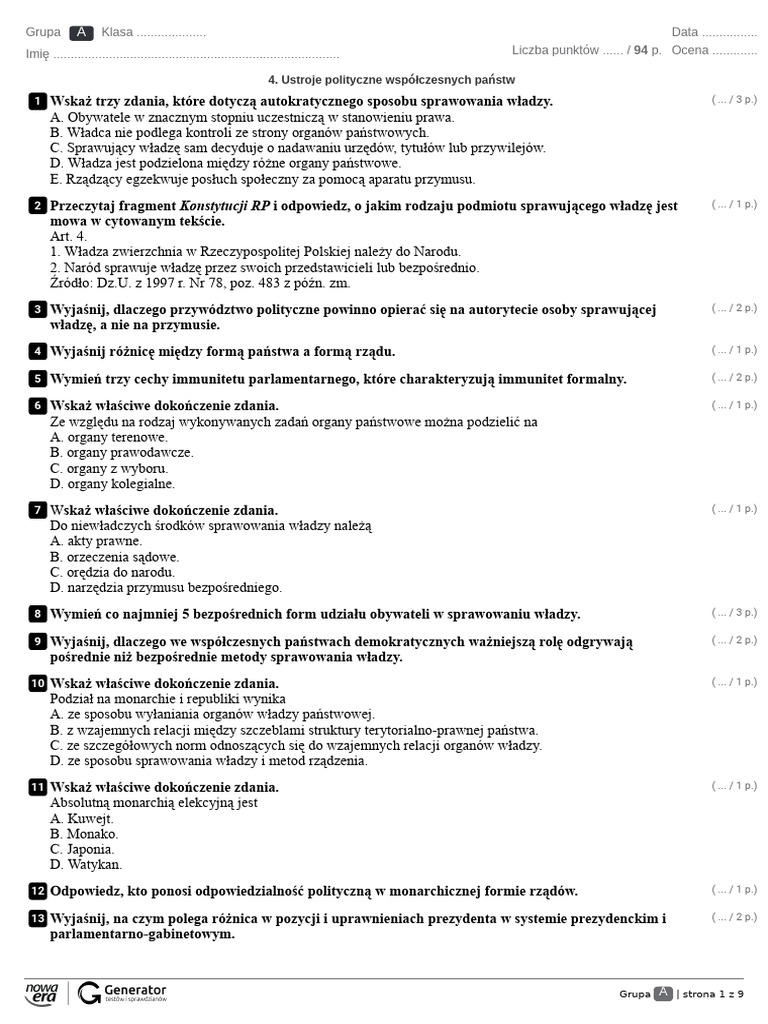 Ustroje Polityczne Współczesnych Państw Test (Z Widoczną Punktacją) | PDF