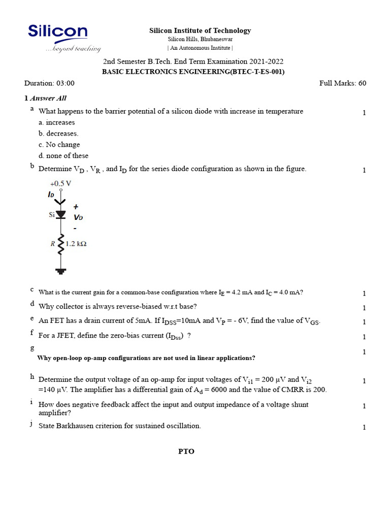 Basic Electronics Engineering (Btec-T-Es-001) - End Term Exam - 2021-2022 | PDF | Amplifier ...