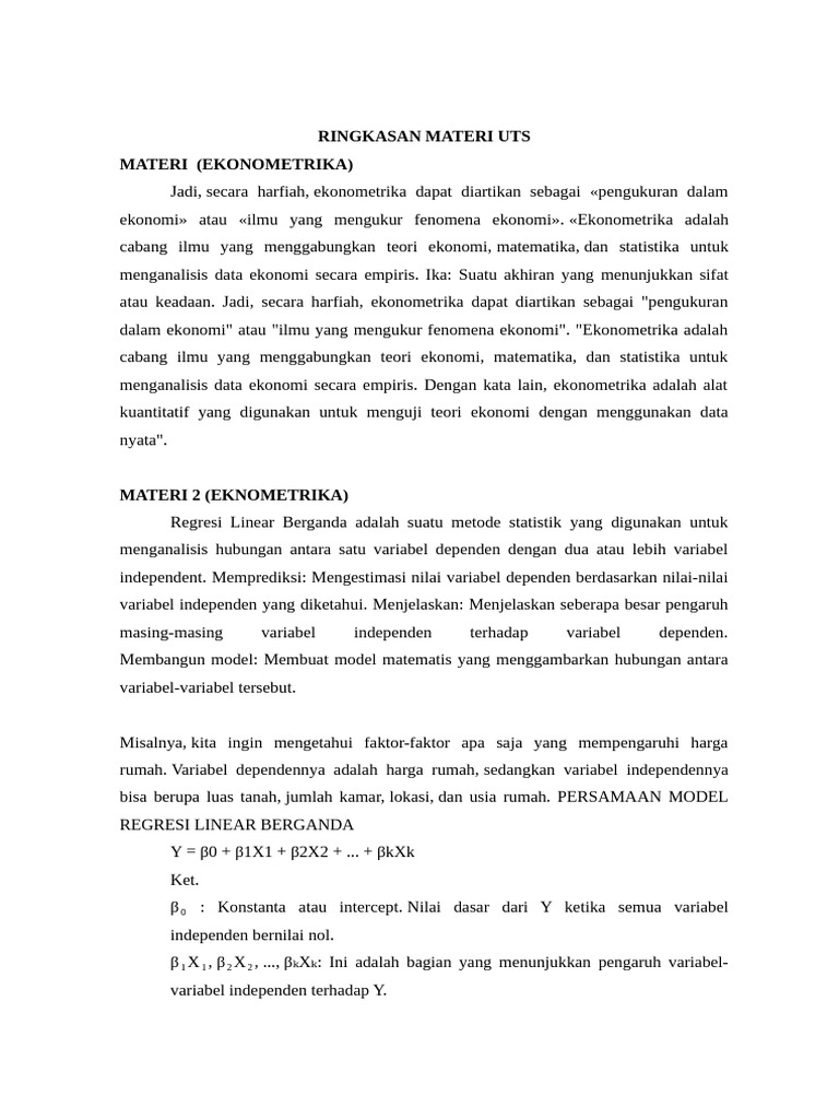 RINGKASAN MATERI UAS EKONOMETRIKA | PDF