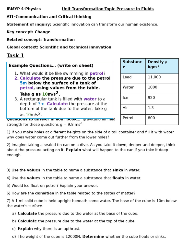 Pressure in Fluids Worksheet Criteria A | PDF | Pressure | Buoyancy