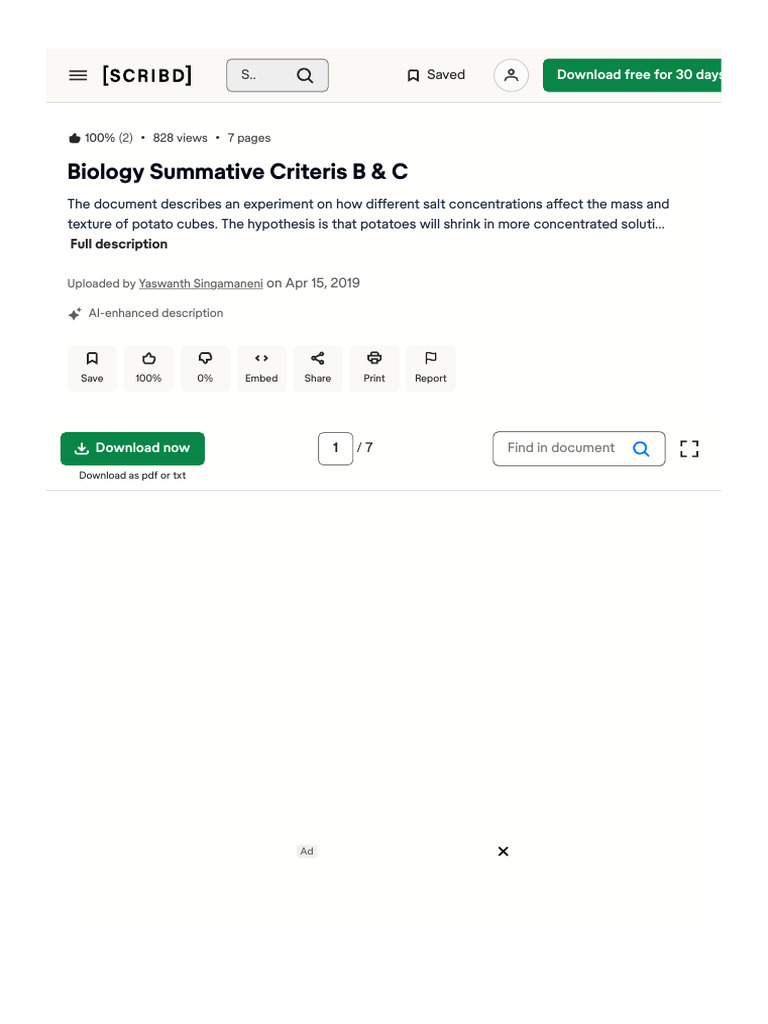 Biology Summative Criteris B & C | PDF | Osmosis | Chemistry | PDF | Scribd