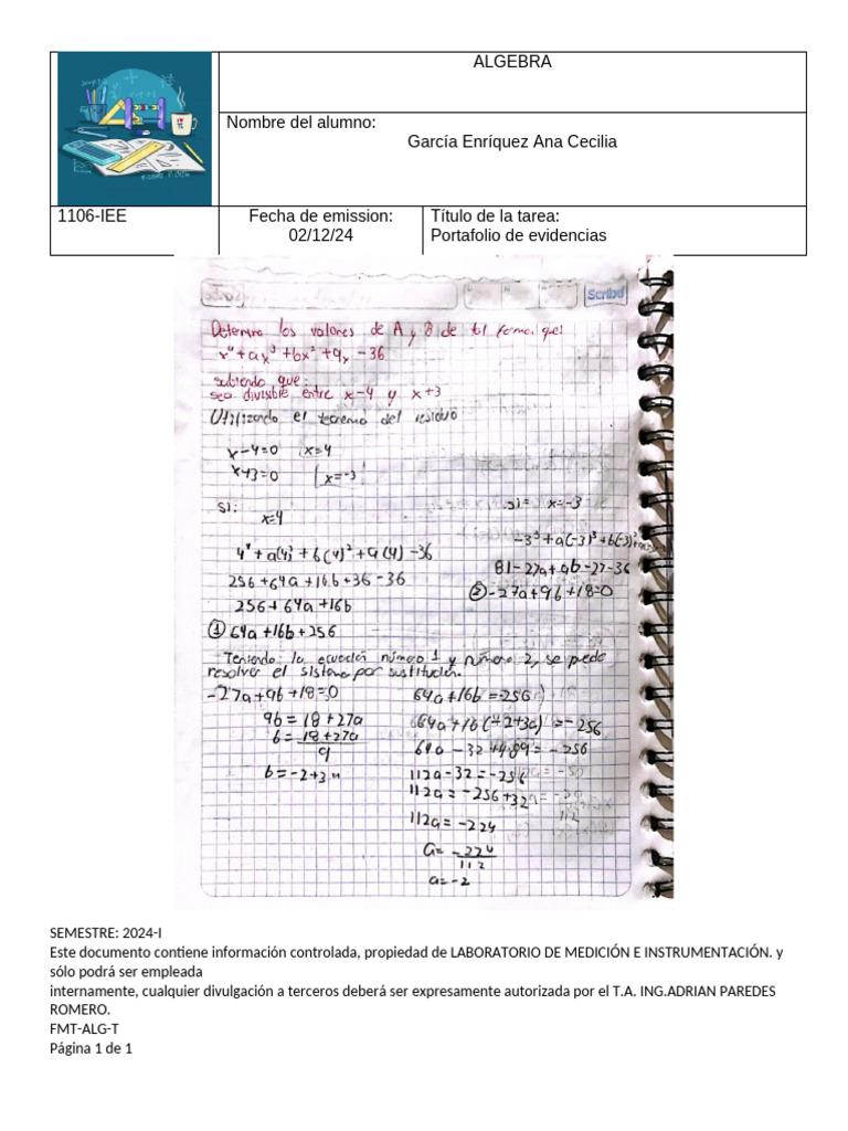 Portafolio de Evidencias de Álgebra | PDF