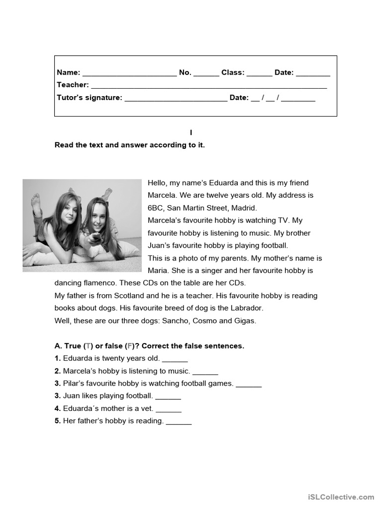 Eduarda and Friends: Hobbies & Family Worksheet | PDF