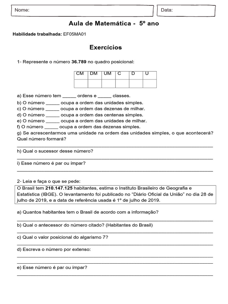 Exercícios de Matemática para 5º Ano | PDF