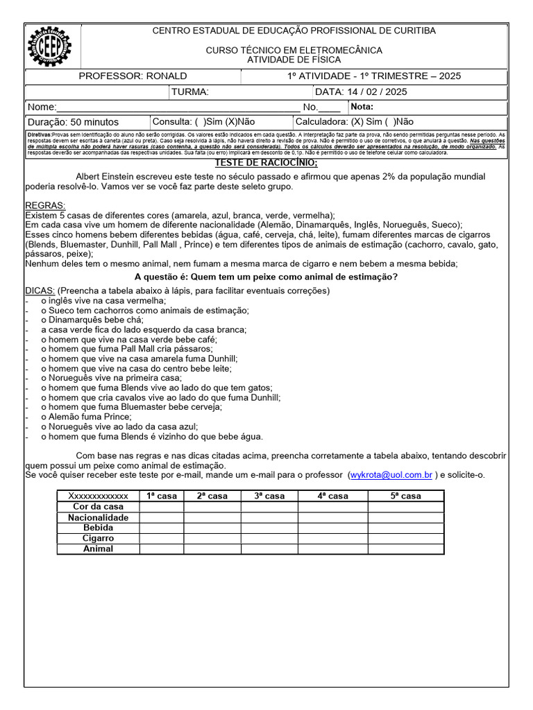 Teste Einstein Sem Resposta | PDF