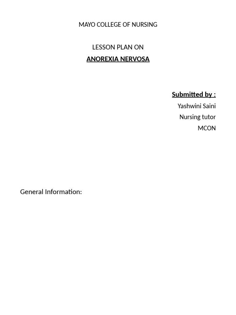 Lesson Plan On Anorexia Nervosa | PDF | Anorexia Nervosa | Eating Disorder