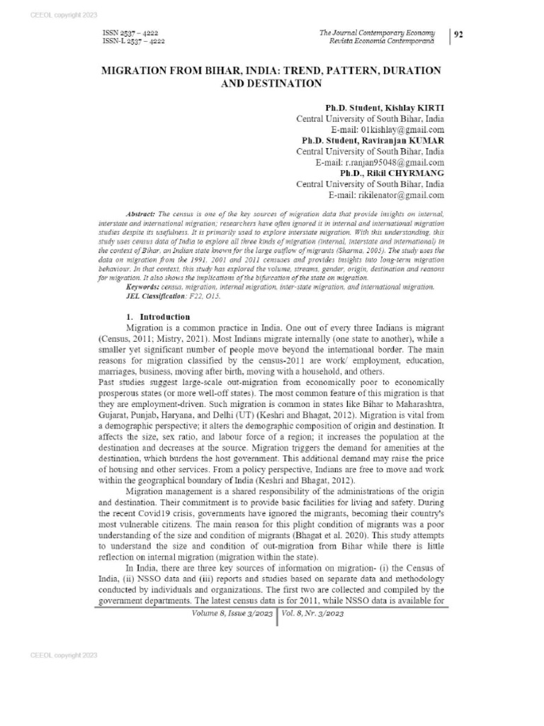 Migration From Bihar, India: Trend, Pattern, Duration and Destination | PDF