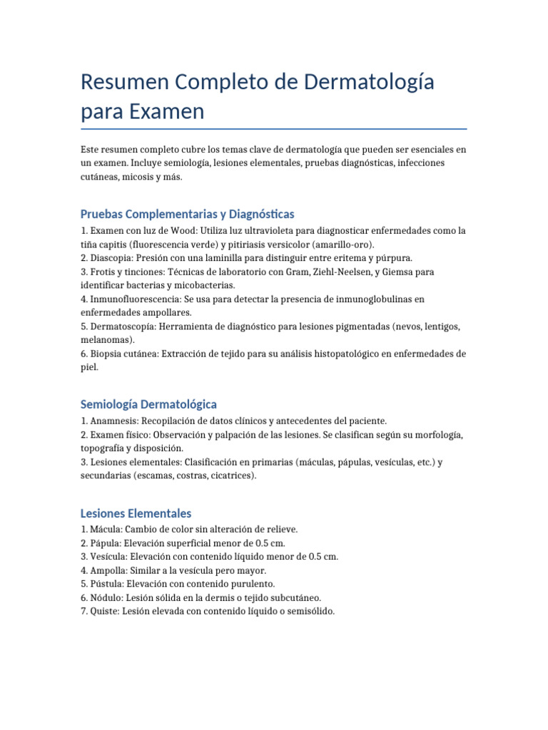 Resumen Completo Dermatologia Examen | PDF | Dermatología | Candidiasis