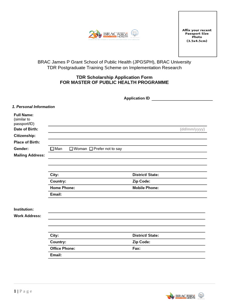 BRAC JPGSPH TDR Scholarship Application Form | PDF