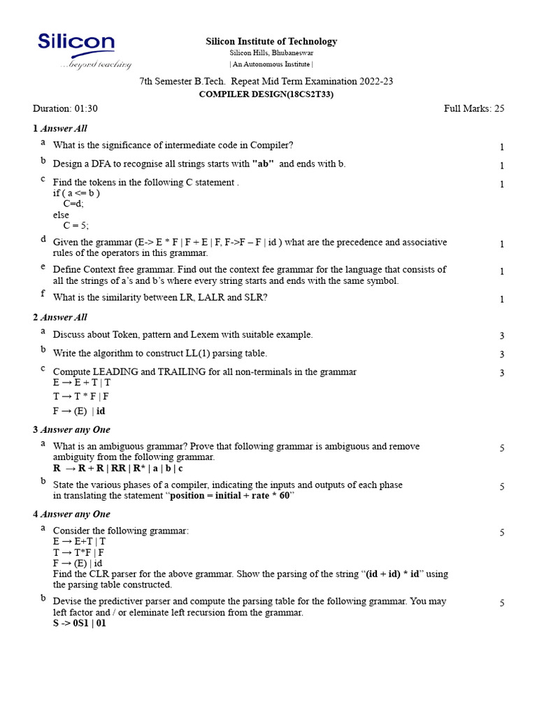COMPILER DESIGN(18CS2T33) - Repeat Mid Term Exam - 2022-2023 | PDF | Parsing | Metalogic