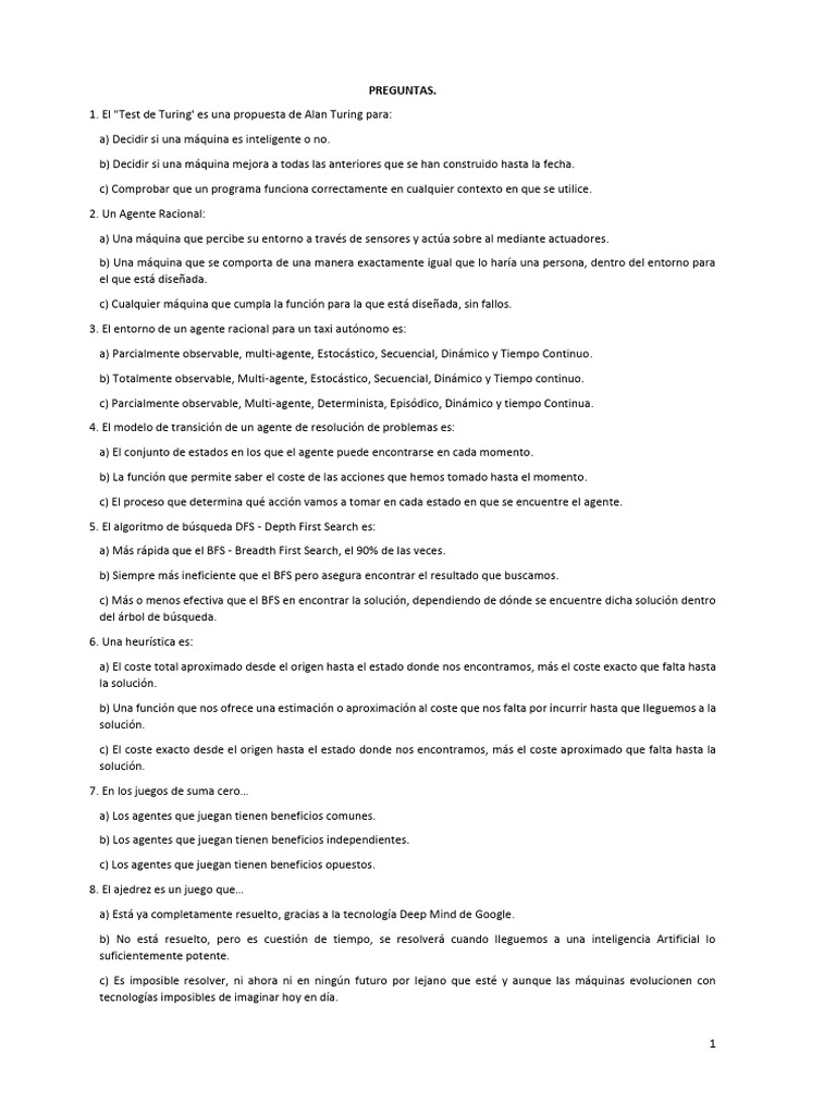 Preguntas sobre Inteligencia Artificial y Agentes Racionales | PDF ...