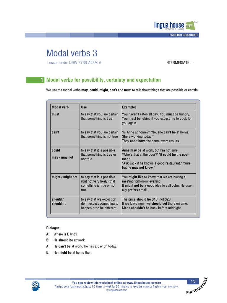 Modal Verbs 3 - Possibility and Expectation | PDF | English Grammar ...