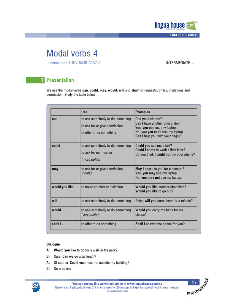 Modal Verbs 4 - Requests, Offers, Permission and Invitations | PDF