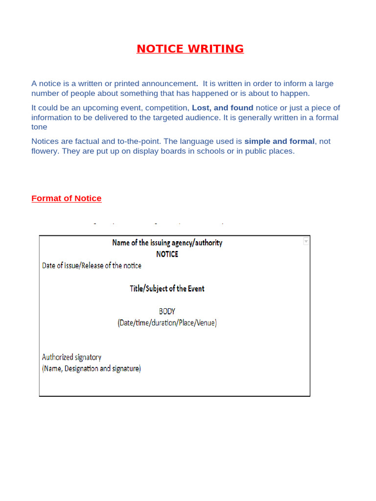 CLASS VII_ENGLISH_NOTICE WRITING_FORMAT,SAMPLE AND PRACTICE QUESTION | PDF