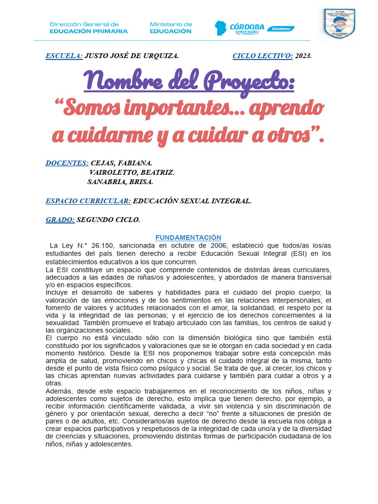 Proyecto Esi 2023 Segunda Etapa - Segundo Ciclo - Esc. Justo José de Urquiza | PDF | Igualdad de ...