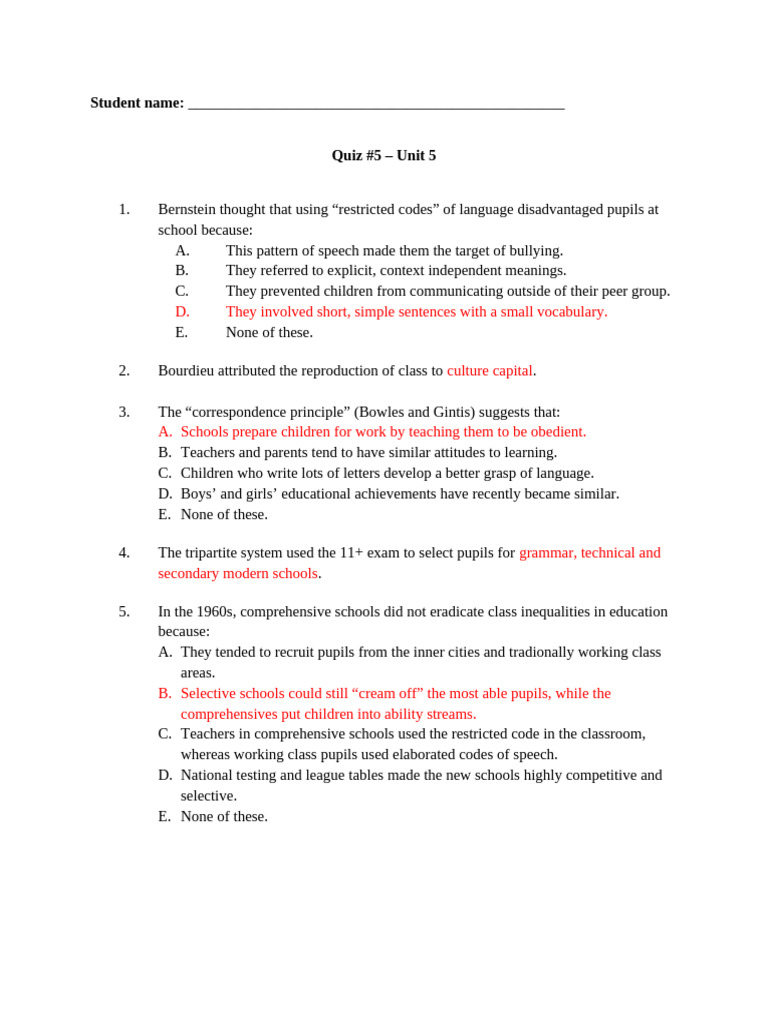 Quiz 5 - Unit 5 - Answer Key | PDF | Curriculum | Teachers