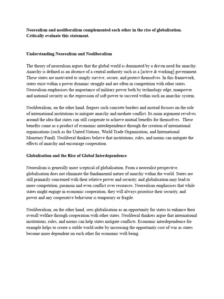 Neorealism vs Neoliberalism in Globalization | PDF | Globalization ...