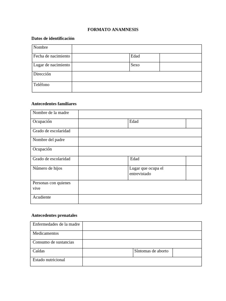 Formato Anamnesis | PDF | Enfermedades y trastornos | Especialidades ...