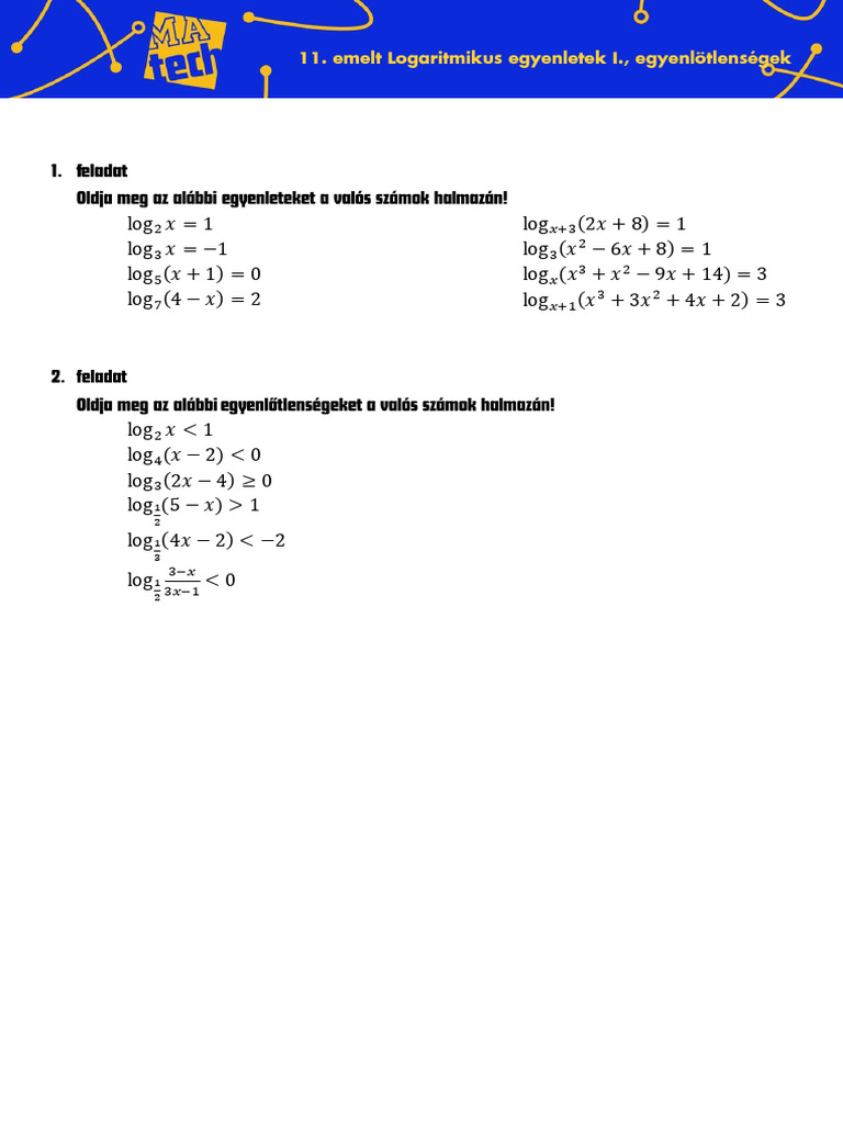 Óra Logaritmikus Egyenletek I., Egyenlőtlenségek | PDF