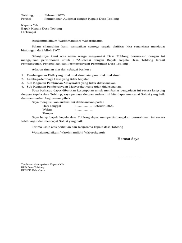 Permohonan Audiensi Dengan Kepala Desa Toblong | PDF