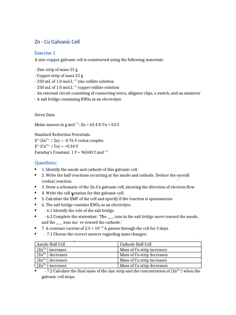 Zn-Cu Galvanic Cell Exercise | PDF | Anode | Redox